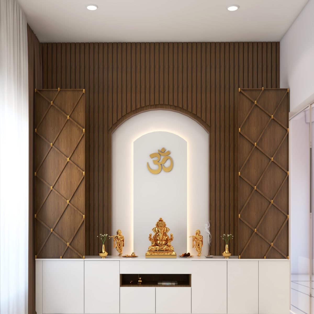 Classic Spacious Prayer Room Design Idea with Embossed Panelling | Livspace