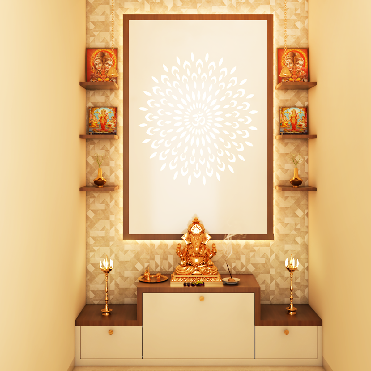 Classic Compact Pooja Room Design with Jali Pattern Backlighting | Livspace