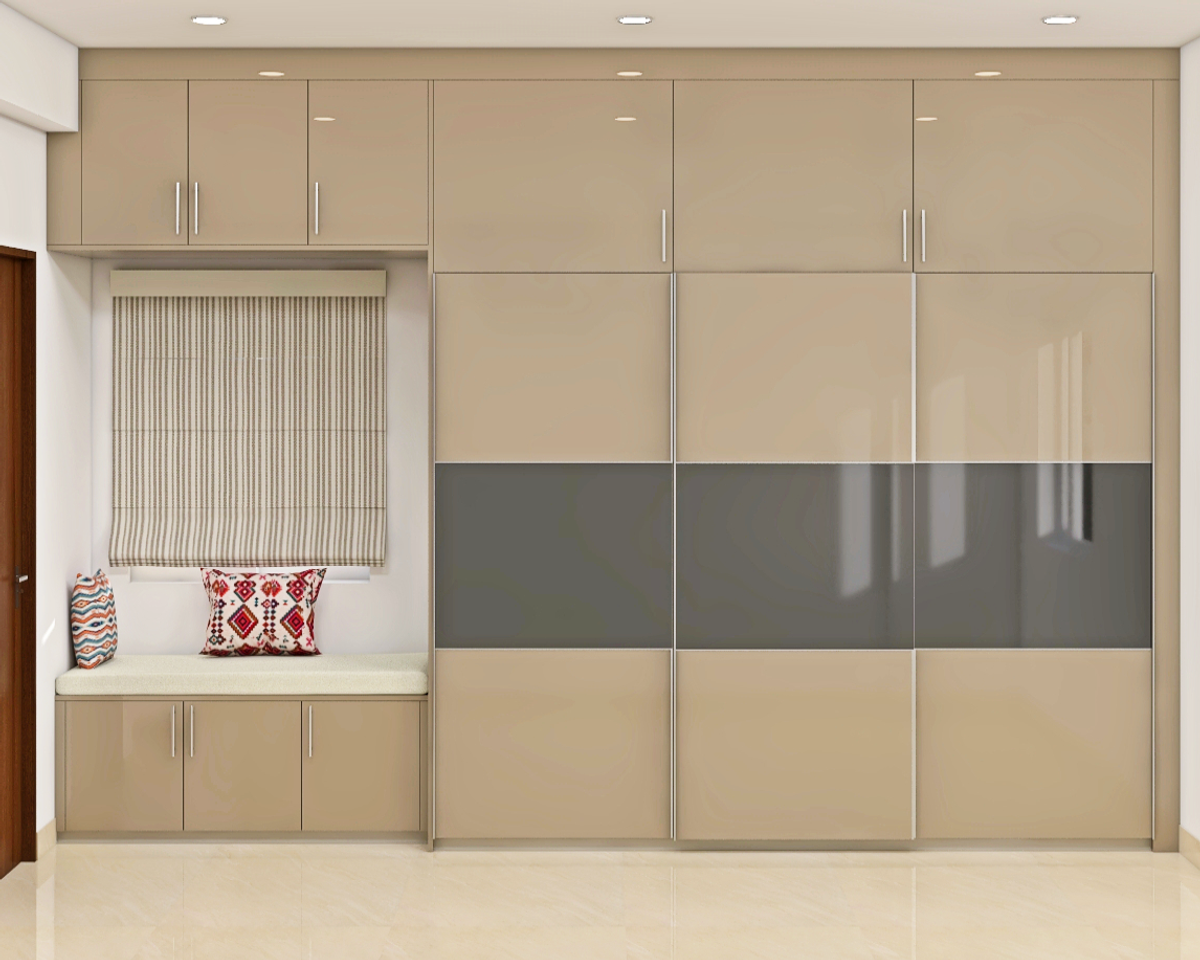 Stylish Beige and Grey Wardrobe with Glossy Surface | Livspace