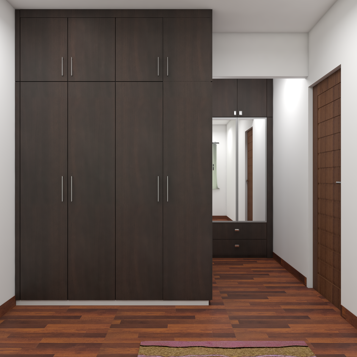 Modern Dark-Shaded Wooden Wardrobe with Interior Lighting | Livspace