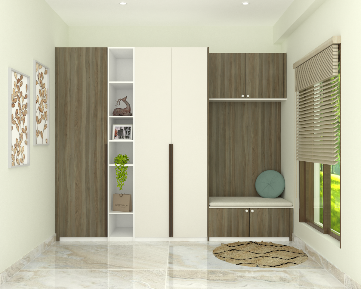 Modern Wardrobe Design with Open Ledges and Niche Seating Area | Livpspace