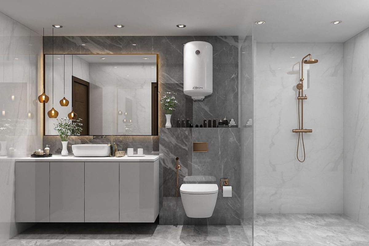Spacious Modern Bathroom Design With Glossy Surfaces And Large Mirror | Livspace