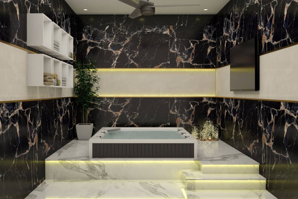 Spacious Black Bathroom Design With Three-Step Marble Platform And Tub ...