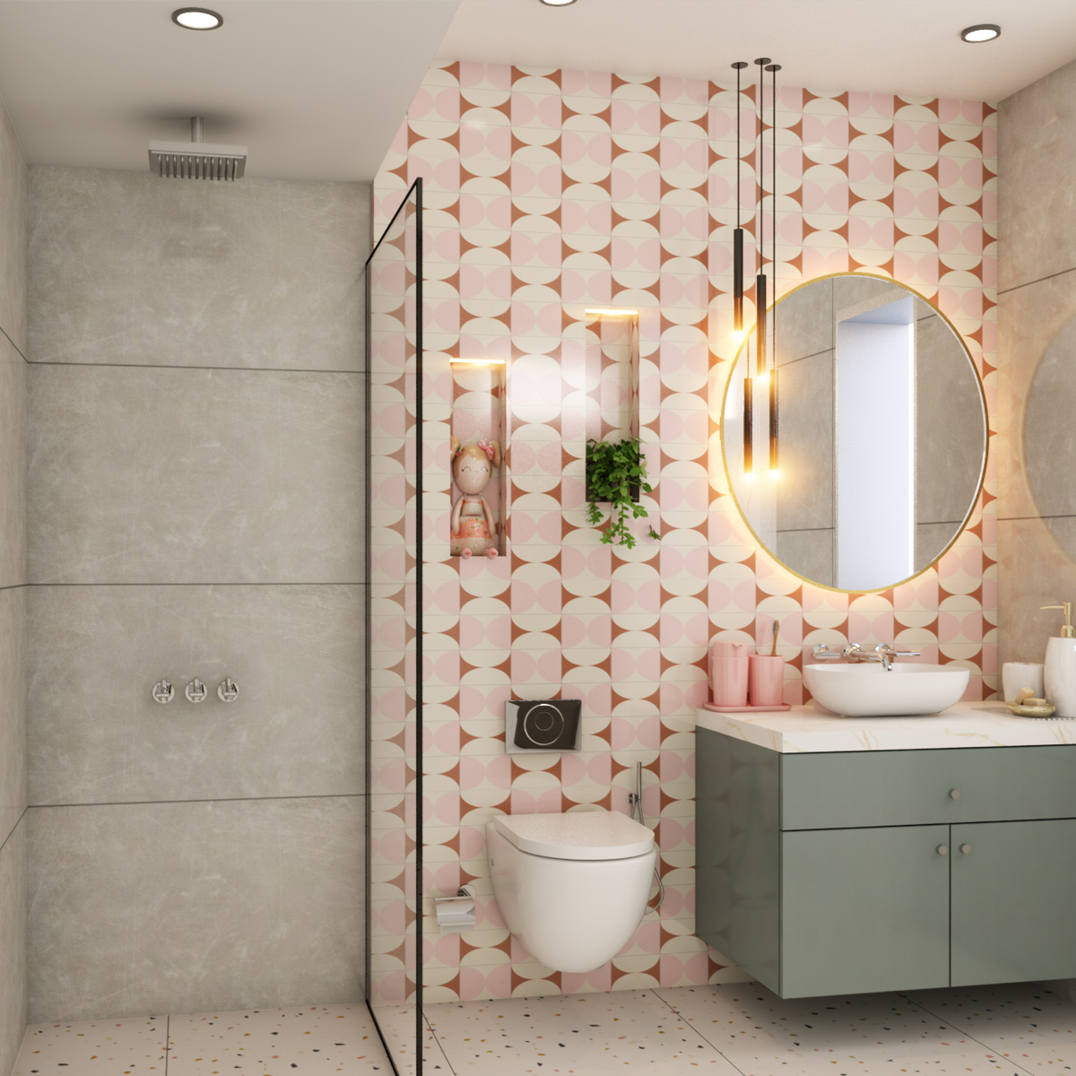Modern Spacious Bathroom Designed With Pink Dado Tiles | Livspace