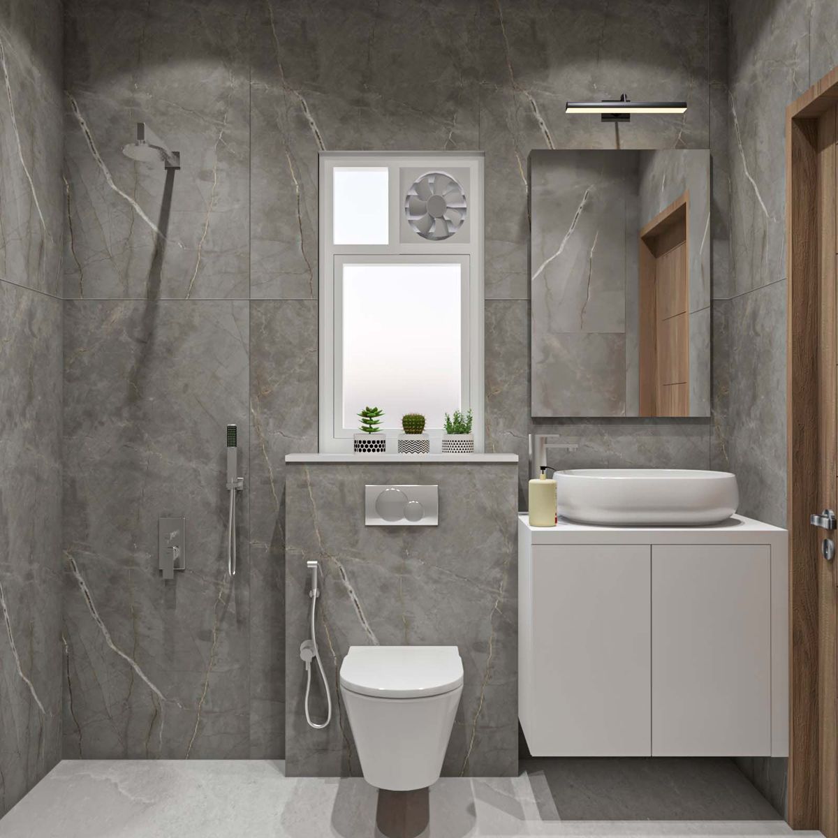 Monochromatic Grey Bathroom Design with White Fittings | Livspace