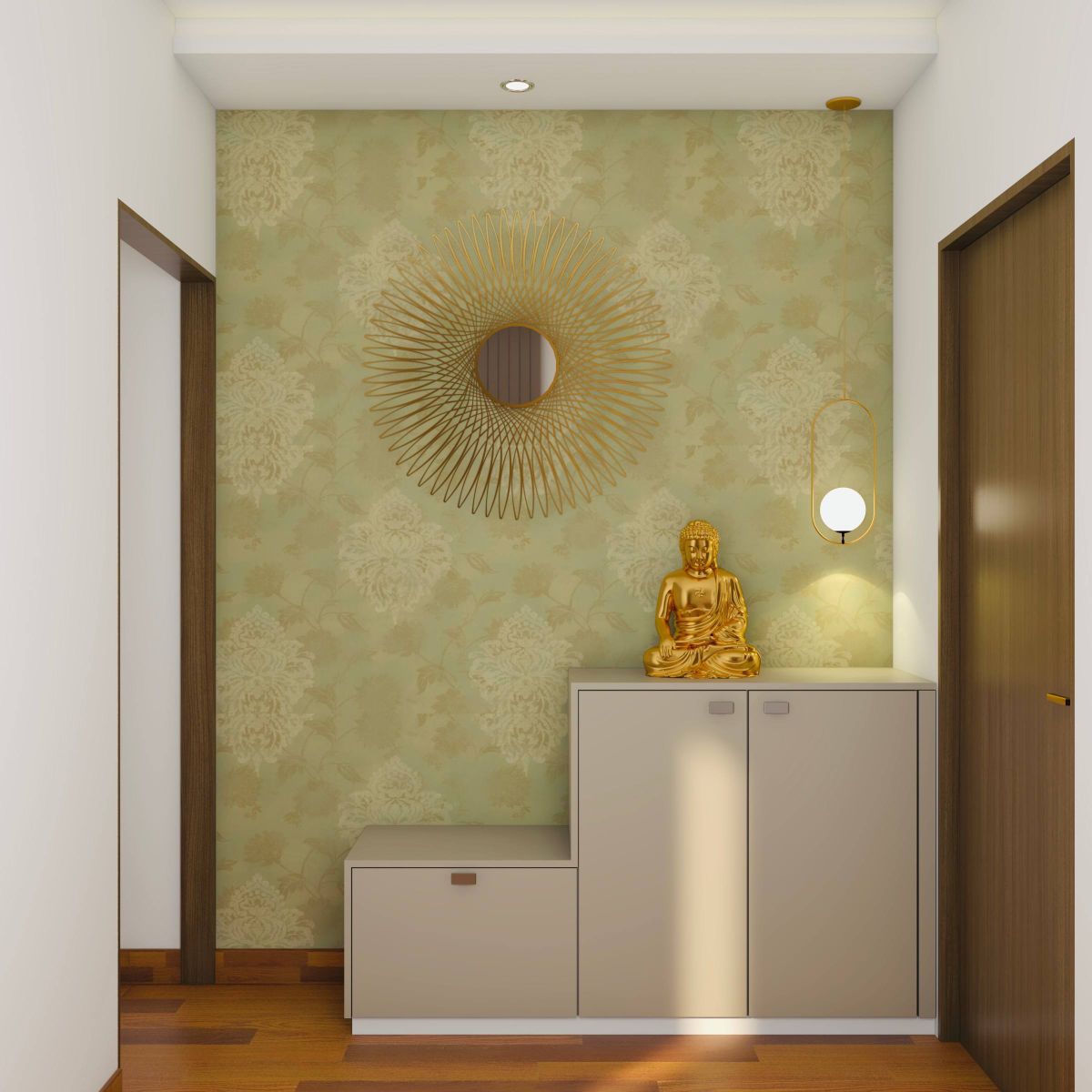Contemporary Foyer Design With Brass Round Mirror Livspace