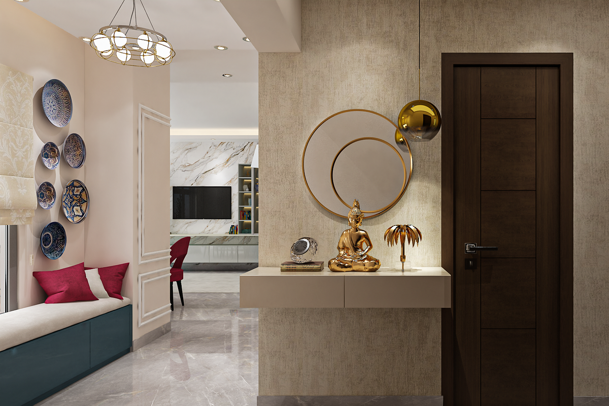 Compact Foyer Design With Golden Decor | Livspace