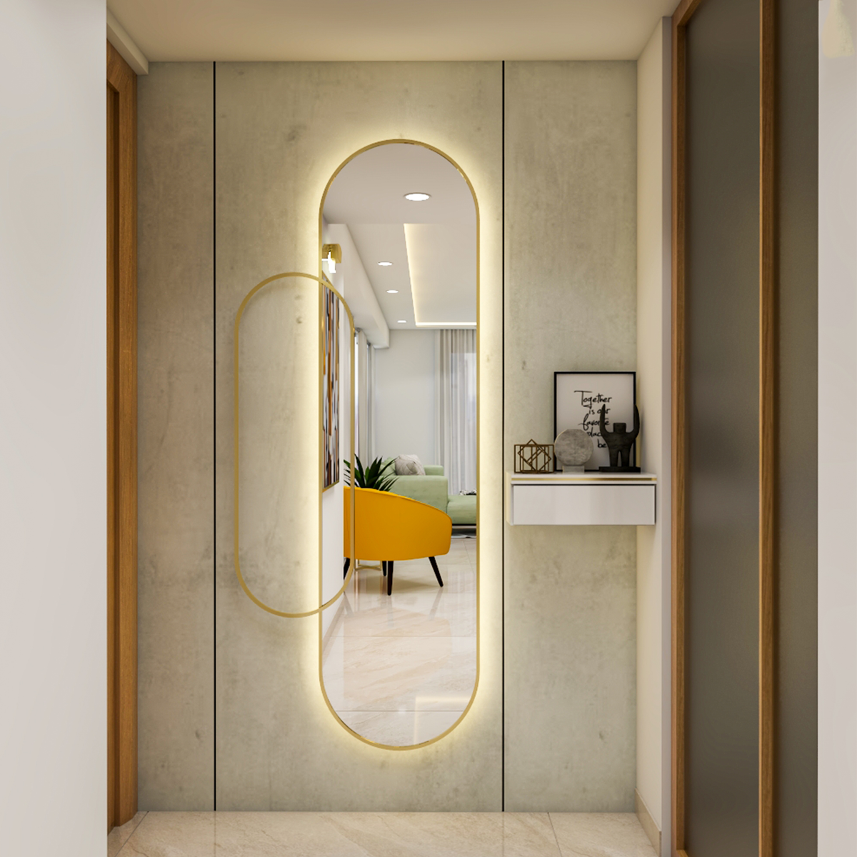 Beige Contemporary Foyer Design With Oval Mirror | Livspace