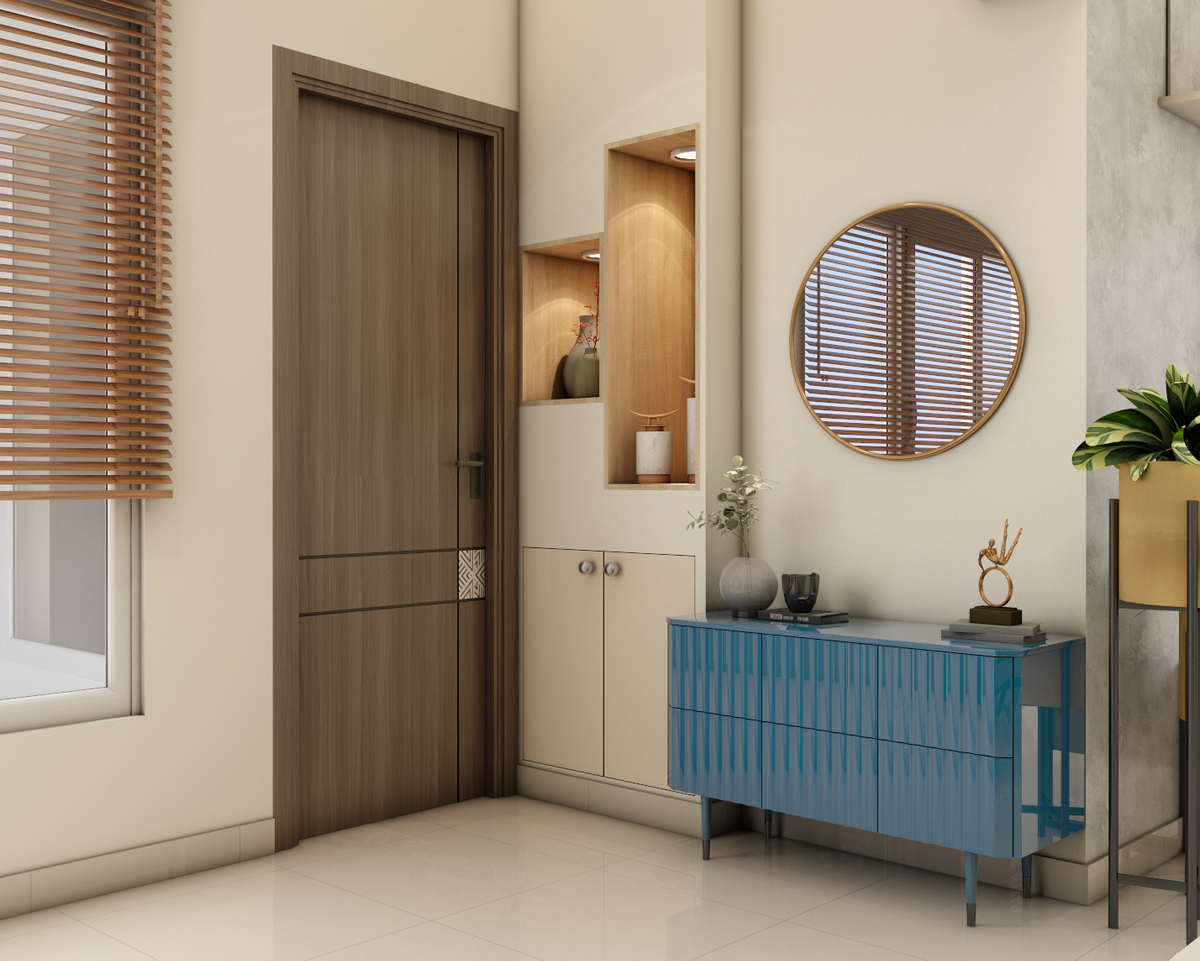 Compact Foyer Design With Golden Framed Mirrors | Livspace