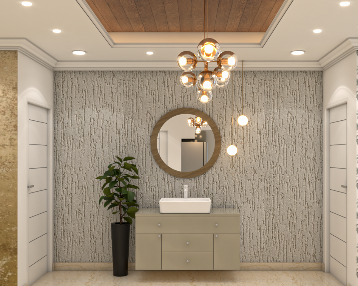 Contemporary Foyer Design With Grey Accent Wall And Golden Chandelier ...