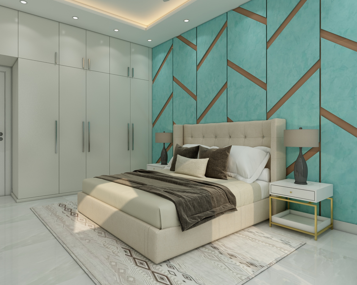 Light Blue Spacious Guest Bedroom Design With White Bed | Livspace