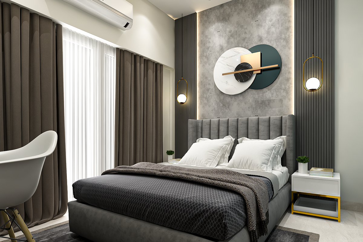 Modern Guest Room Design With Grey Textured Wall And Tufted Bed | Livspace