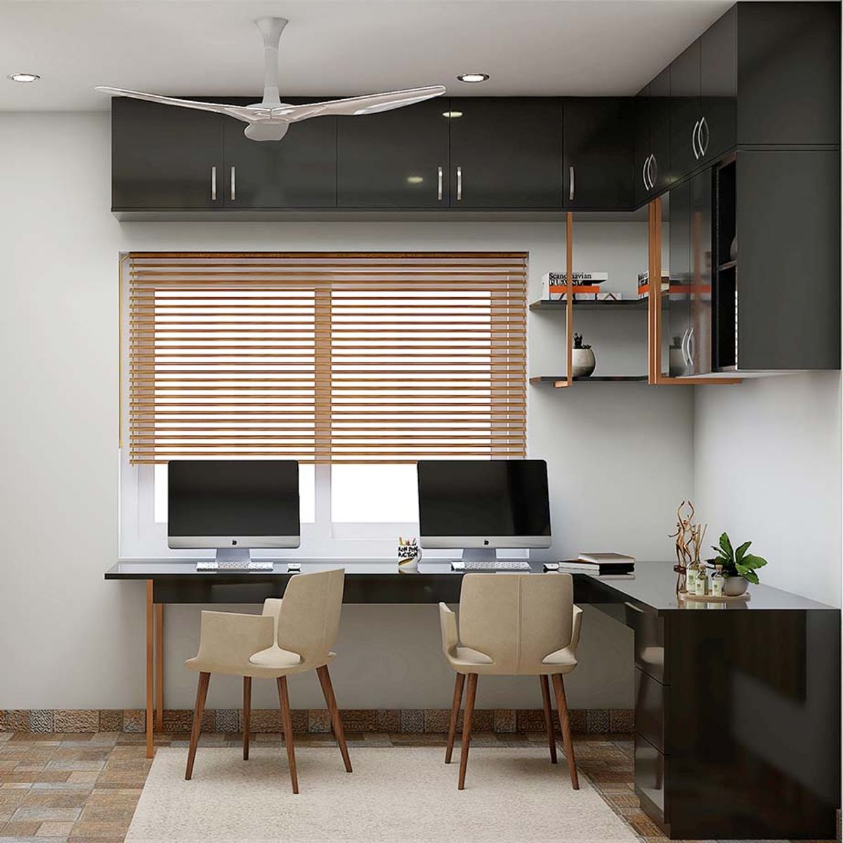 Spacious L-Shaped Home Office Design With Storage Cabinets | Livspace