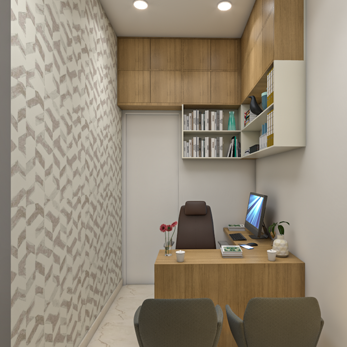Compact Home Office Design With L-Shaped Wooden Workdesk And Ceiling ...