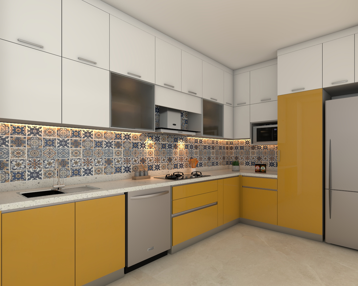 Contemporary L-Shaped Kitchen With Multicolour Dado Tiles | Livspace