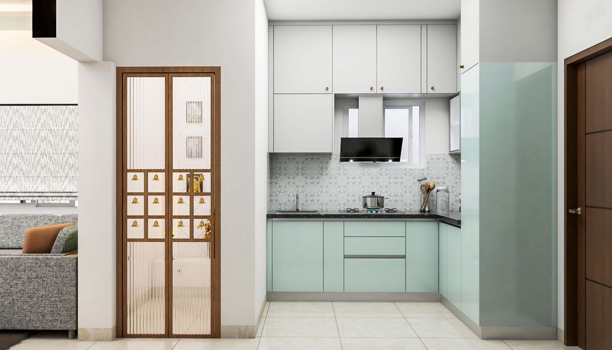 Compact L-Shaped Modular Kitchen Design With Dual-Toned Cabinets | Livspace