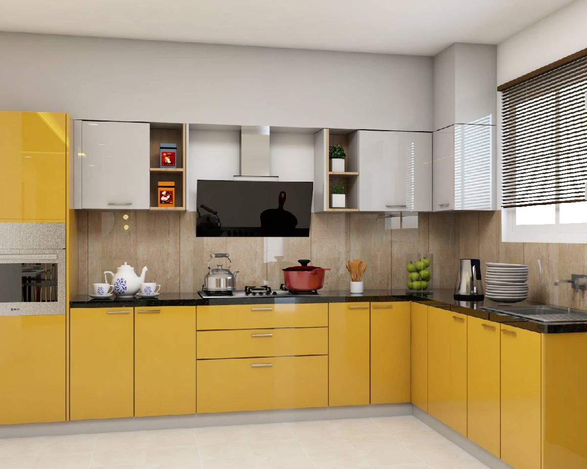 Modular Spacious Kitchen Cabinet Design With Yellow And White Laminate ...