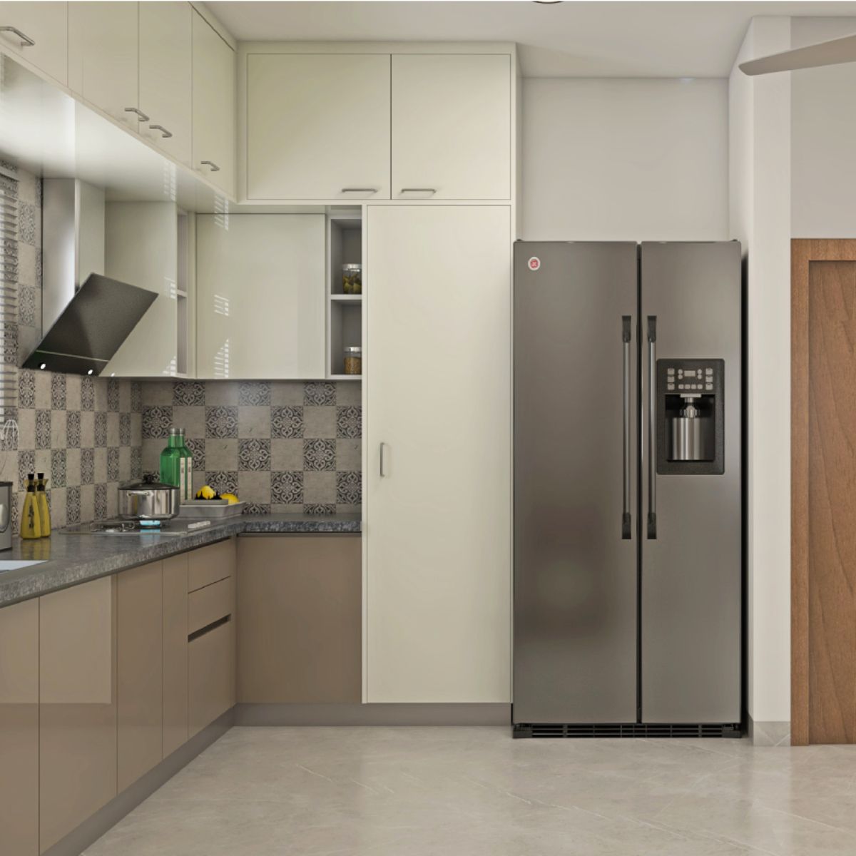 Compact L-Shaped Kitchen Design With Open Units | Livspace