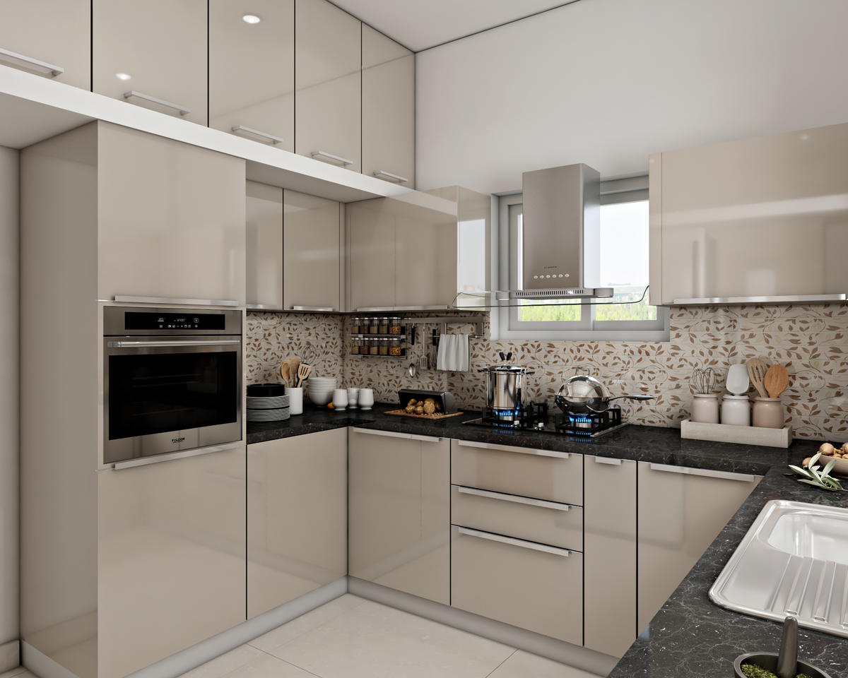 Modern Spacious Kitchen With Dado Tiles | Livspace