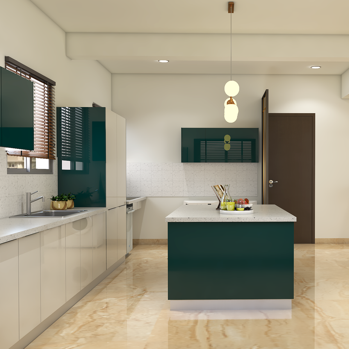 Contemporary Modular Open Kitchen Design With Cream And Green Cabinets ...