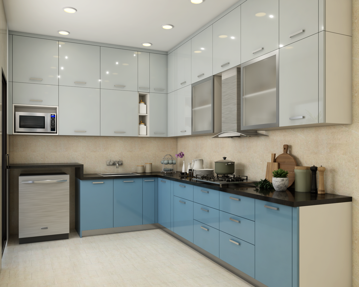 Modern Modular L-Shape Kitchen Design With Blue Cabinets | Livspace