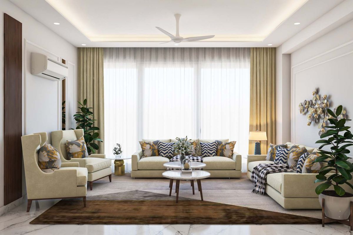 Spacious Living Room with Multiple Beige Seaters and Full-Length ...