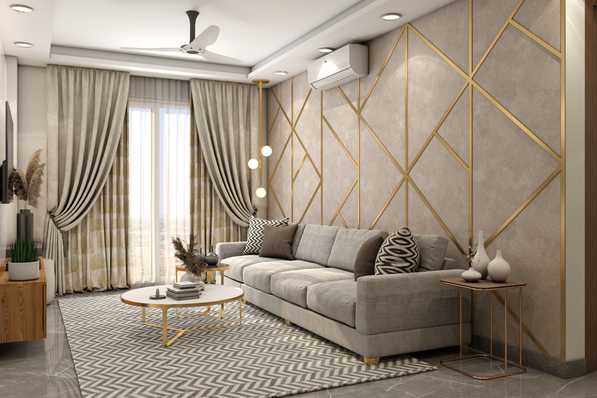 Spacious Living Room Design With Grey And Gold Accent Wall | Livspace