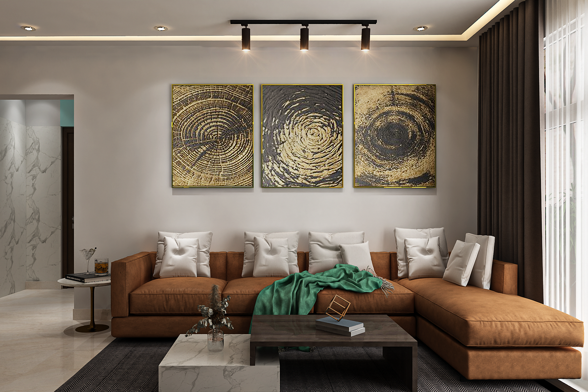 Modern L-Shaped Orange Living Room Design | Livspace