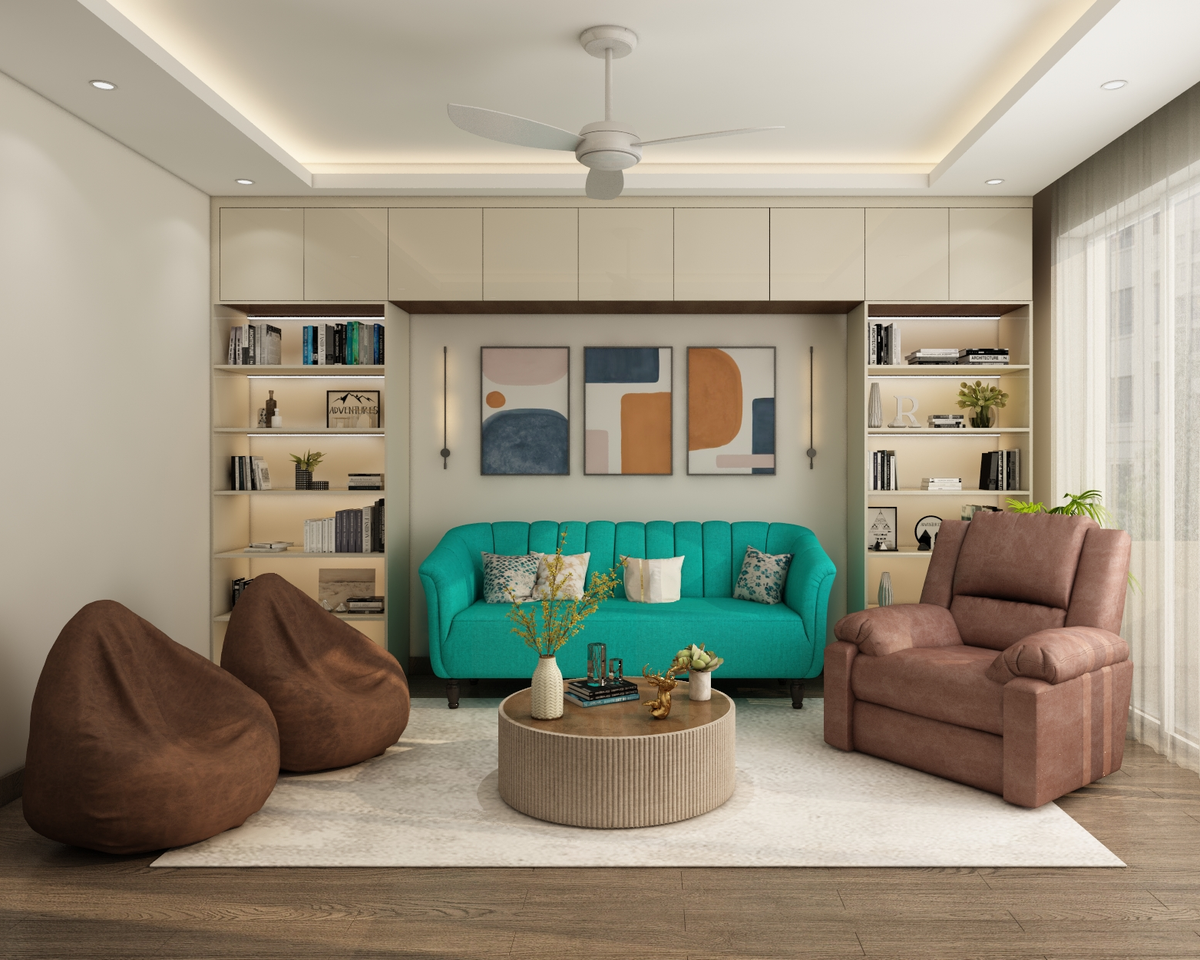 Spacious Living Room Design With Loft Storage | Livspace