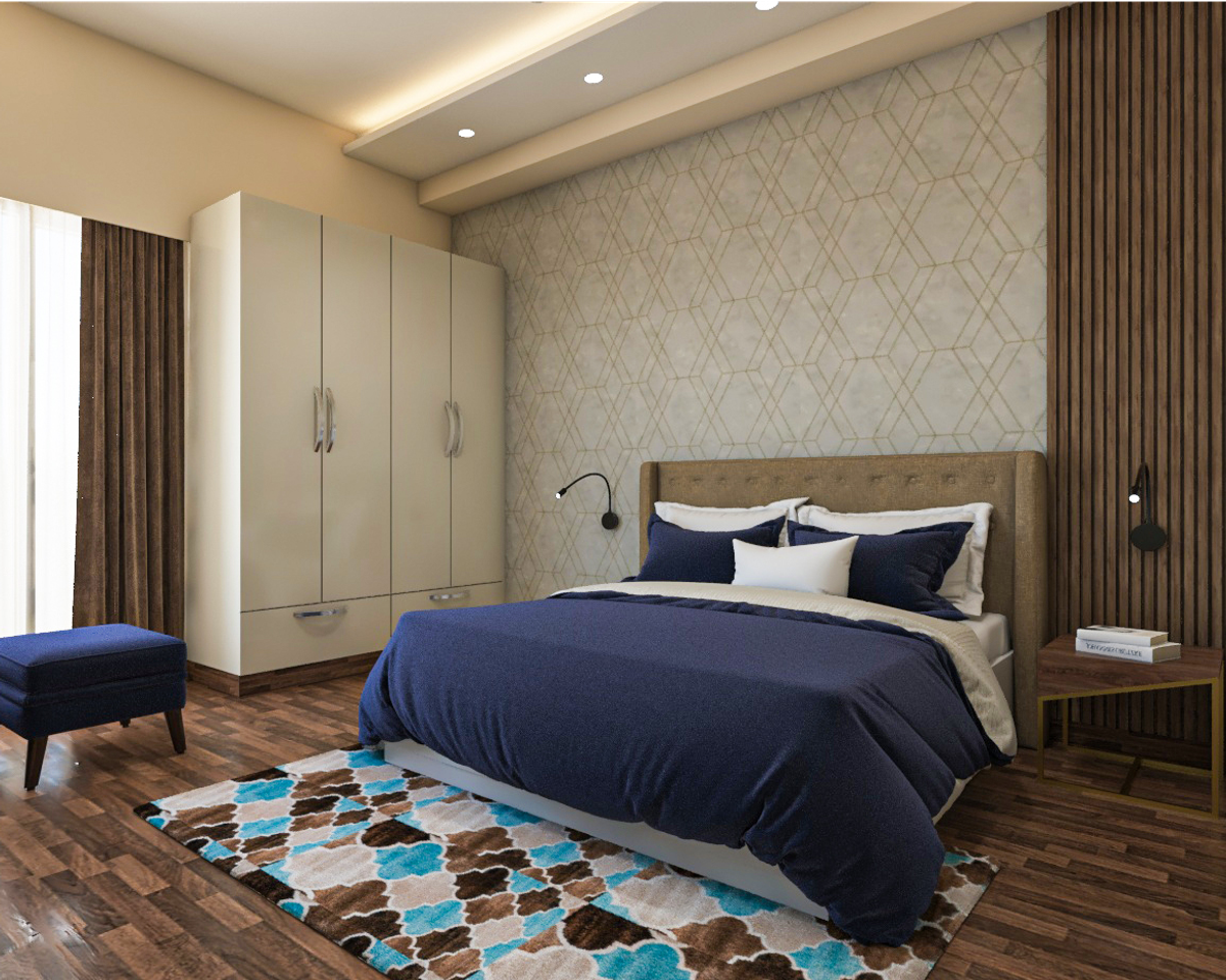 Contemporary Master Bedroom Design With Blue Bed | Livspace