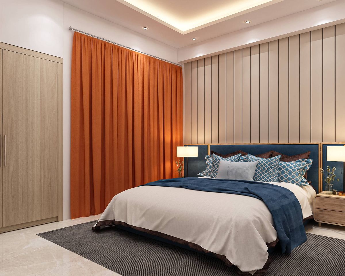 Spacious Master Bedroom Design With Blue Tufted Headboard And Vibrant ...