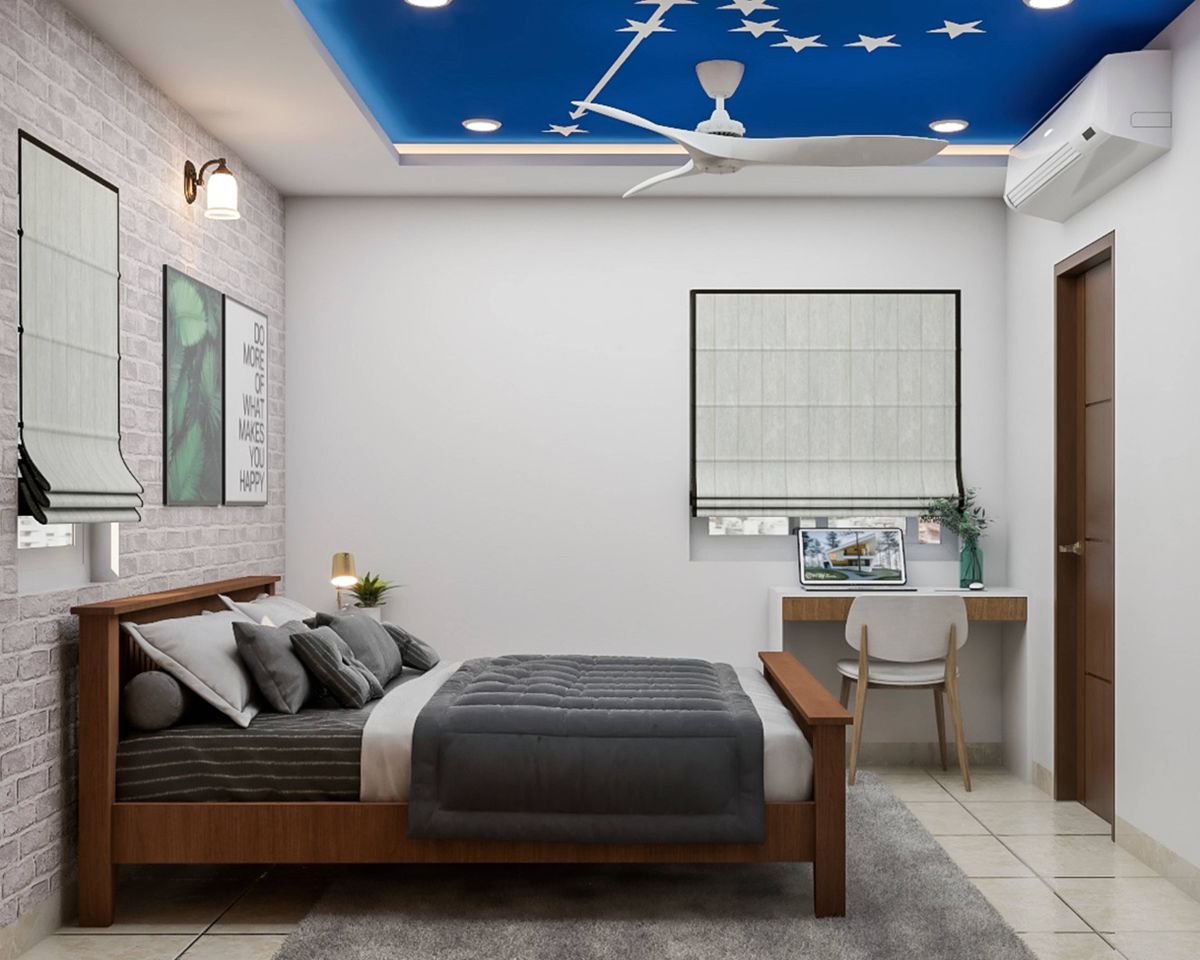 Compact Master Bedroom Design With Brick-Textured Accent Wall | Livspace