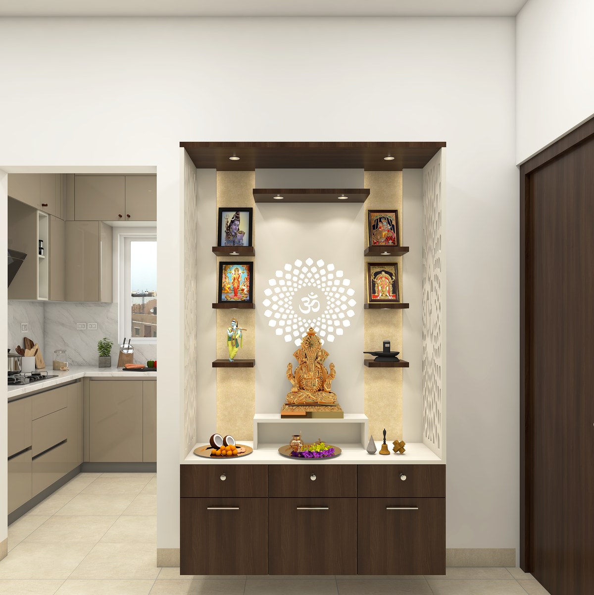 Compact Sized Classic Style Convenient Pooja Room Design | Livspace