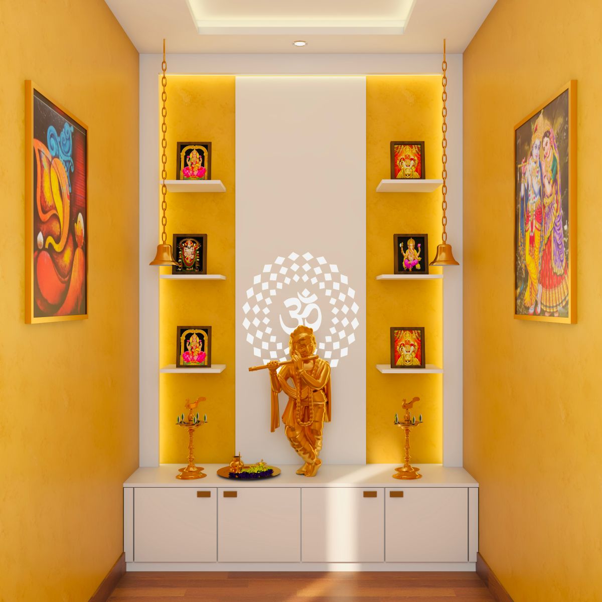 Spacious Pooja Room Design With Mustard Yellow And White Shades | Livspace