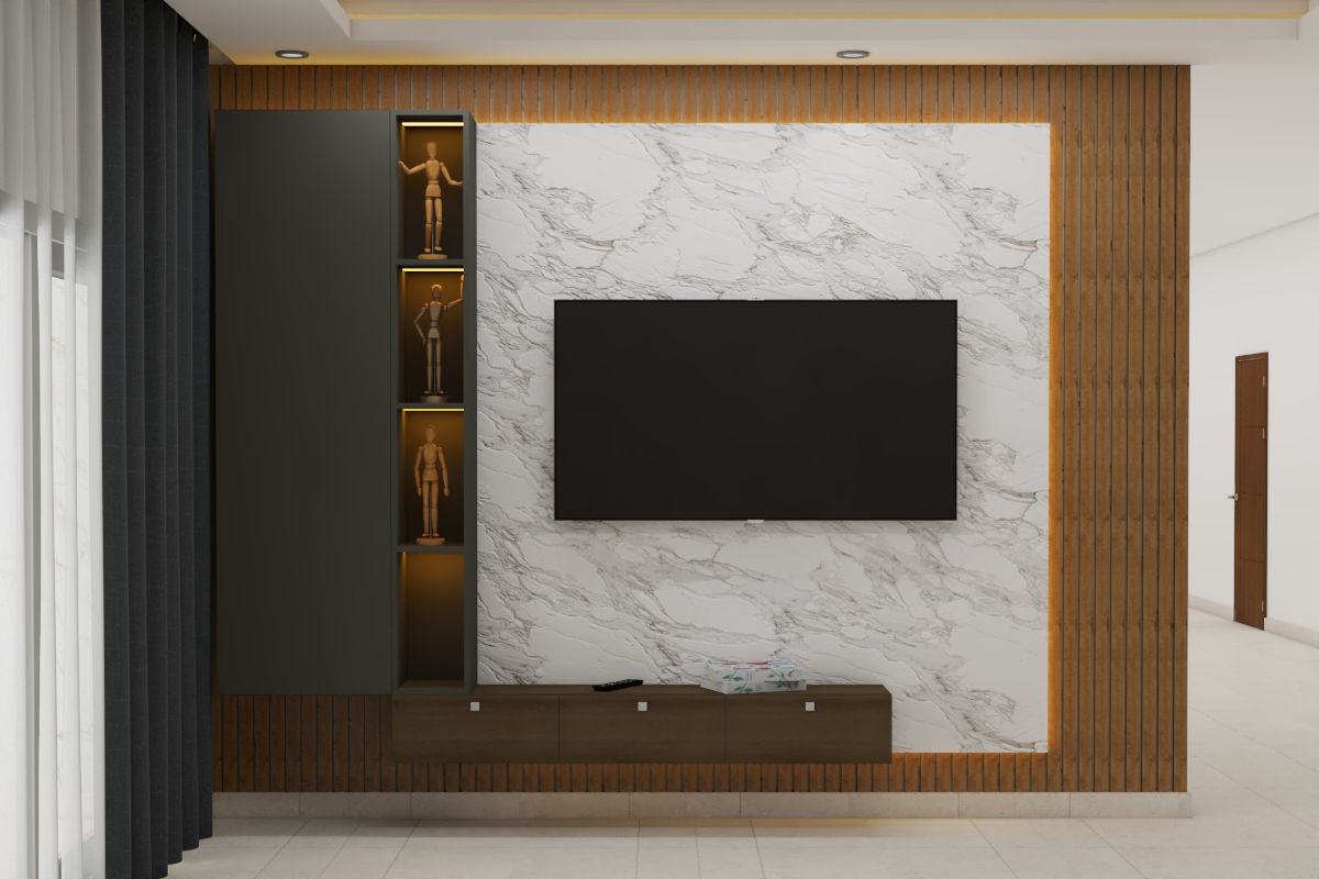 Modern TV Unit Design With Marble Backdrop And Fluted Wooden Panels ...