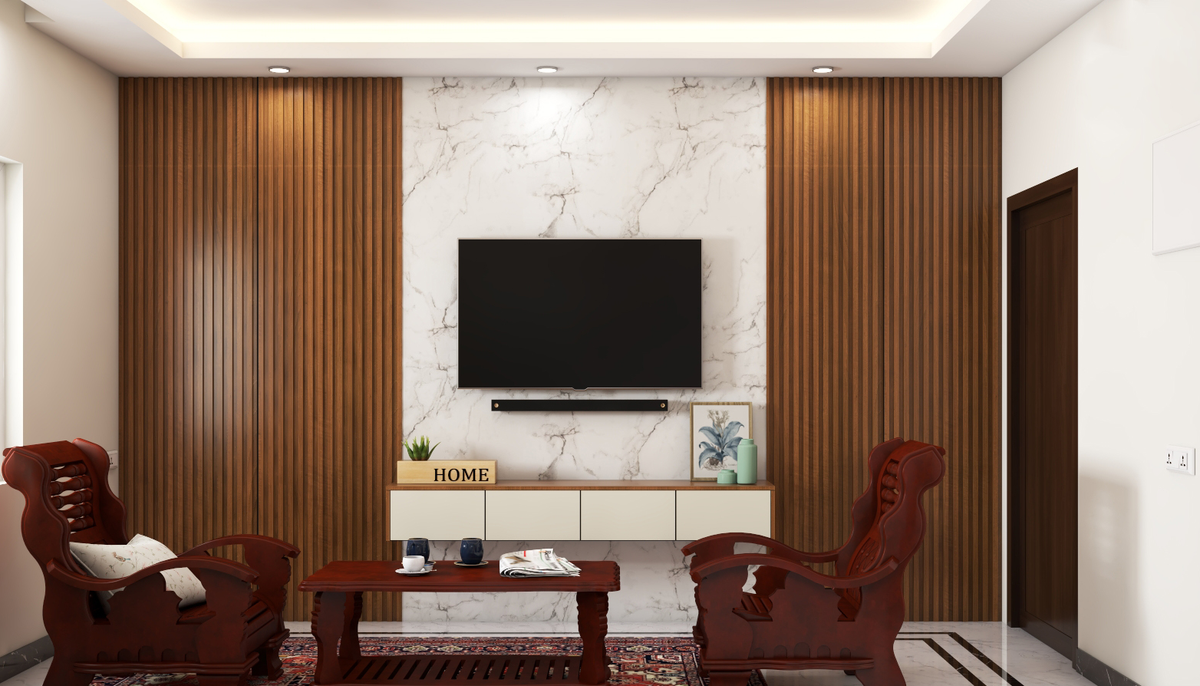 Modern Wall-Mounted TV Unit Design With Wooden Reapers | Livspace