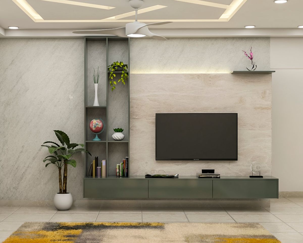 Modern TV Unit With Green Wall-Mounted Storage And Stone Backdrop | Livspace