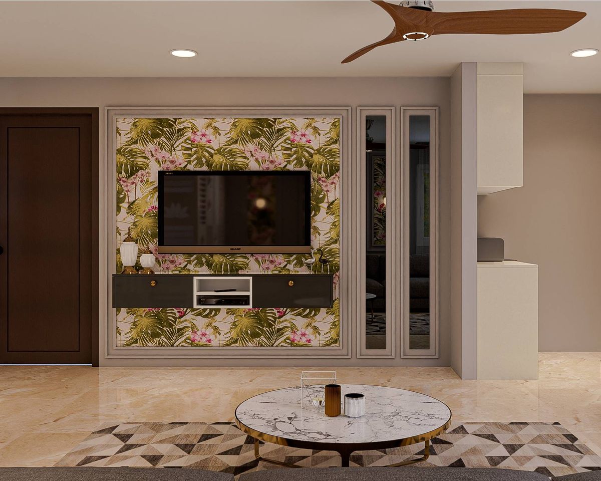 Modern Spacious TV Unit Design With Tropical Wallpaper | Livspace