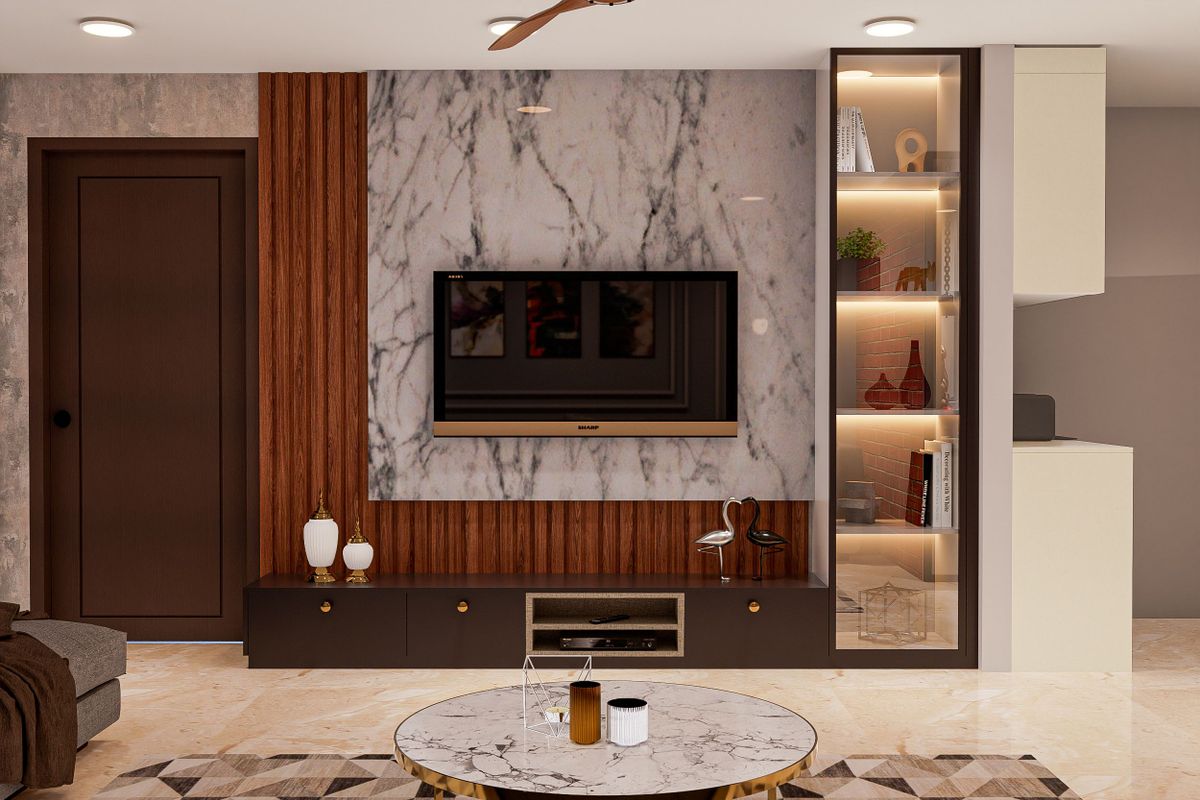 Contemporary TV Unit Design With Wooden Reapers And Marble Wall Panel | Livspace
