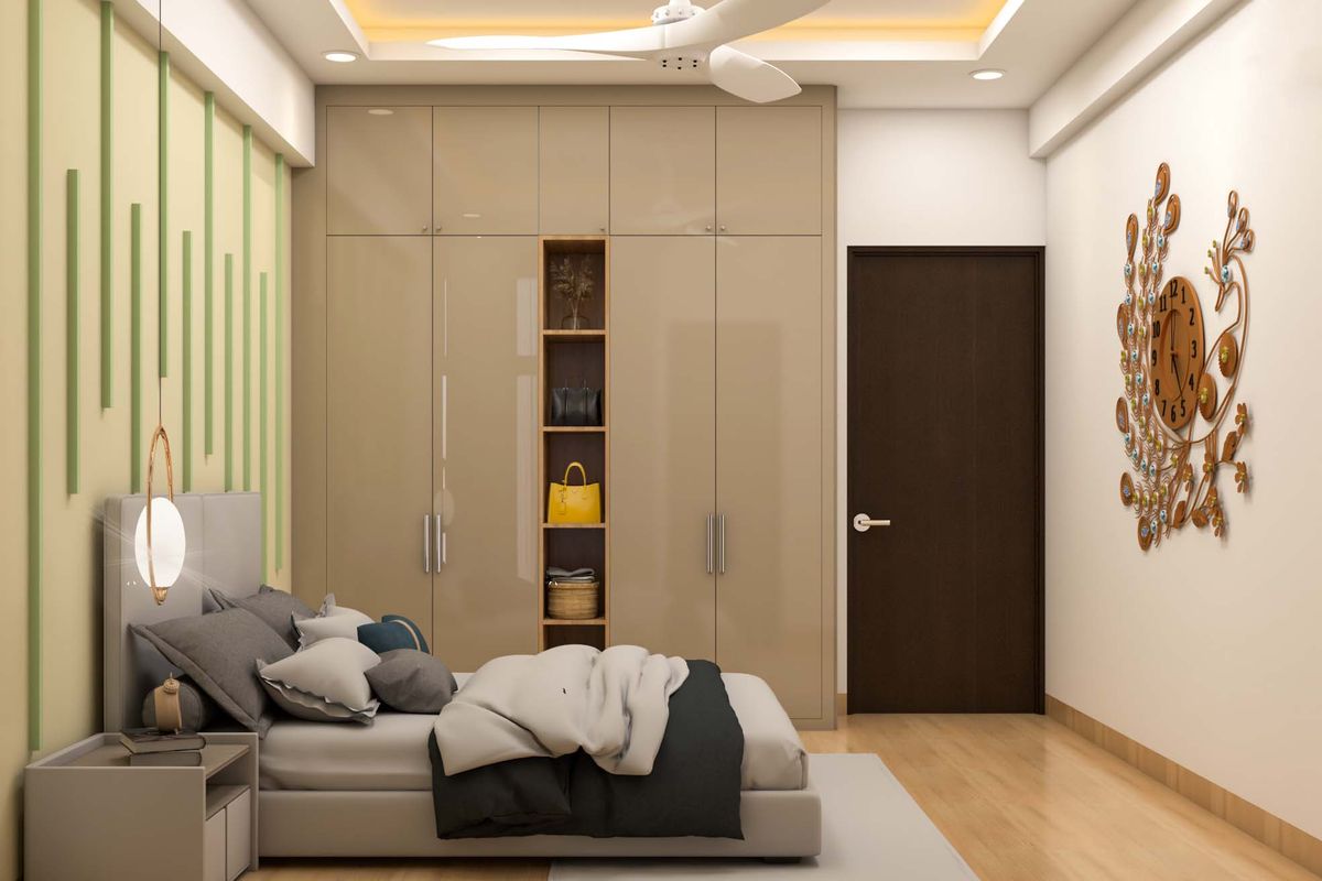 Contemporary Brown Wardrobe Design With Swing Shutters And Open Rack ...