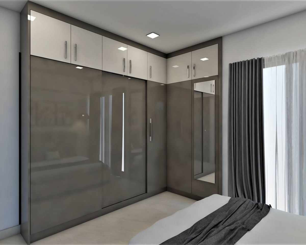 Modern L-Shaped Glossy Grey Wardrobe Design With Sliding Doors | Livspace