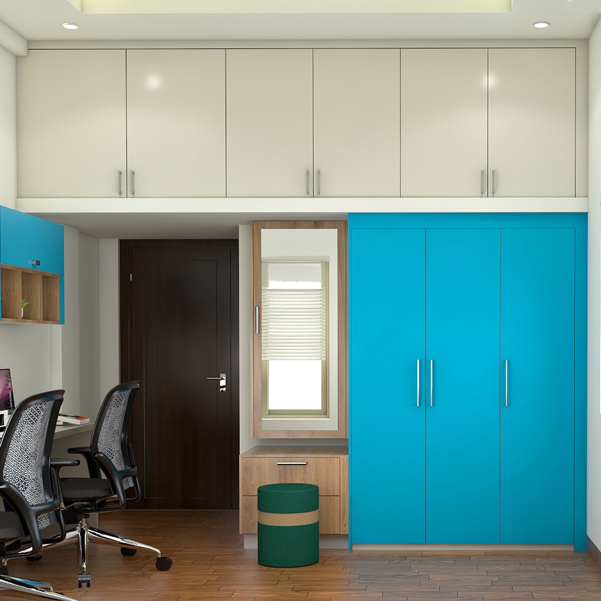 Modern Blue And Cream Toned Compact Wardrobe Design | Livspace