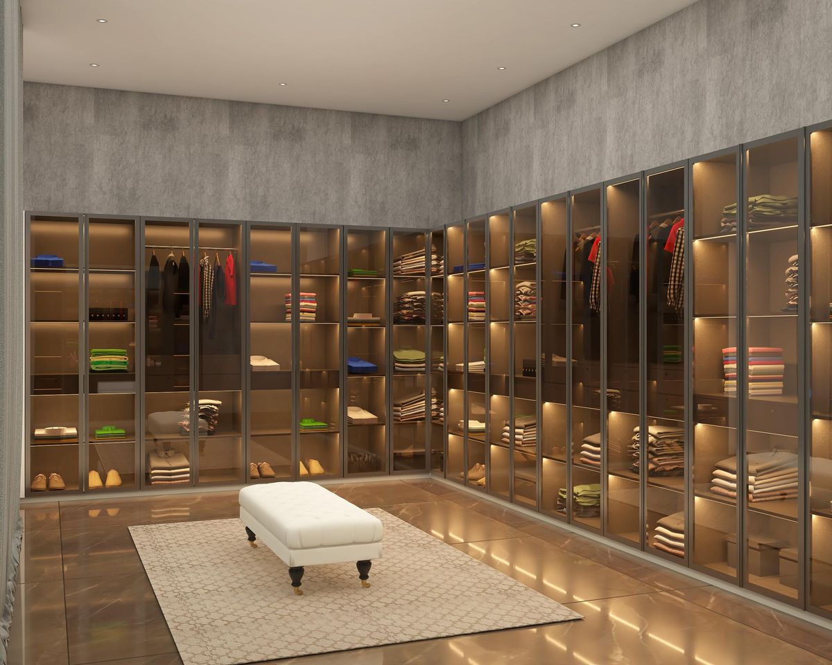 Modern Walk-In Wardrobe With Glass Doors | Livspace
