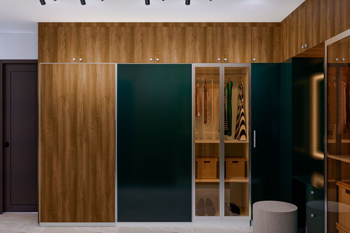Modern Walk-In Wardrobe Design With Wooden Grain And Dark Green ...