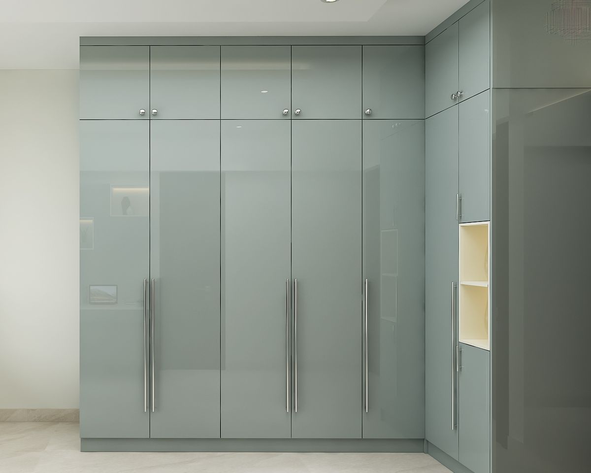L-Shaped Glossy Grey Corner Wardrobe Design | Livspace