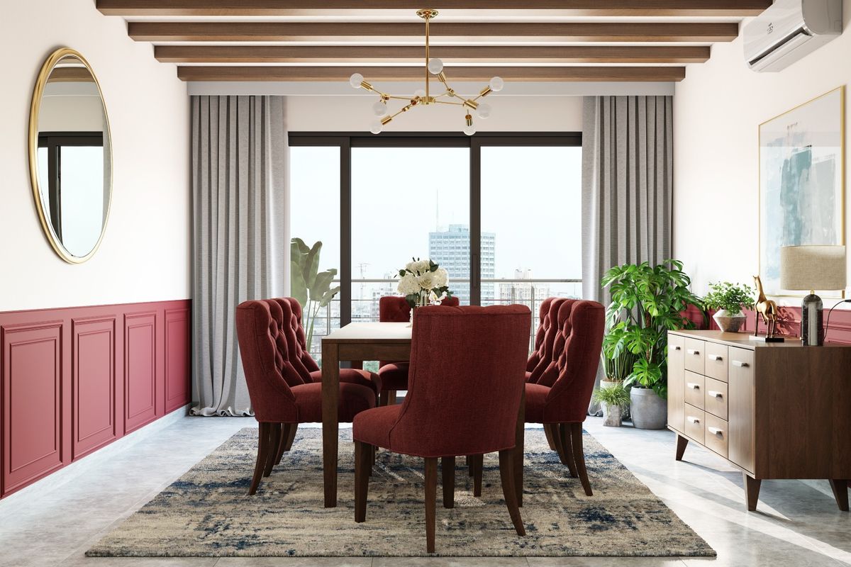 Classic Wooden Dining Room Design For Six With Brick Red Upholstered ...