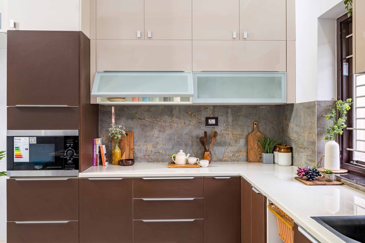 Modern Island Kitchen Design with Tan SF Base and Tall Units - 12x9 Ft ...