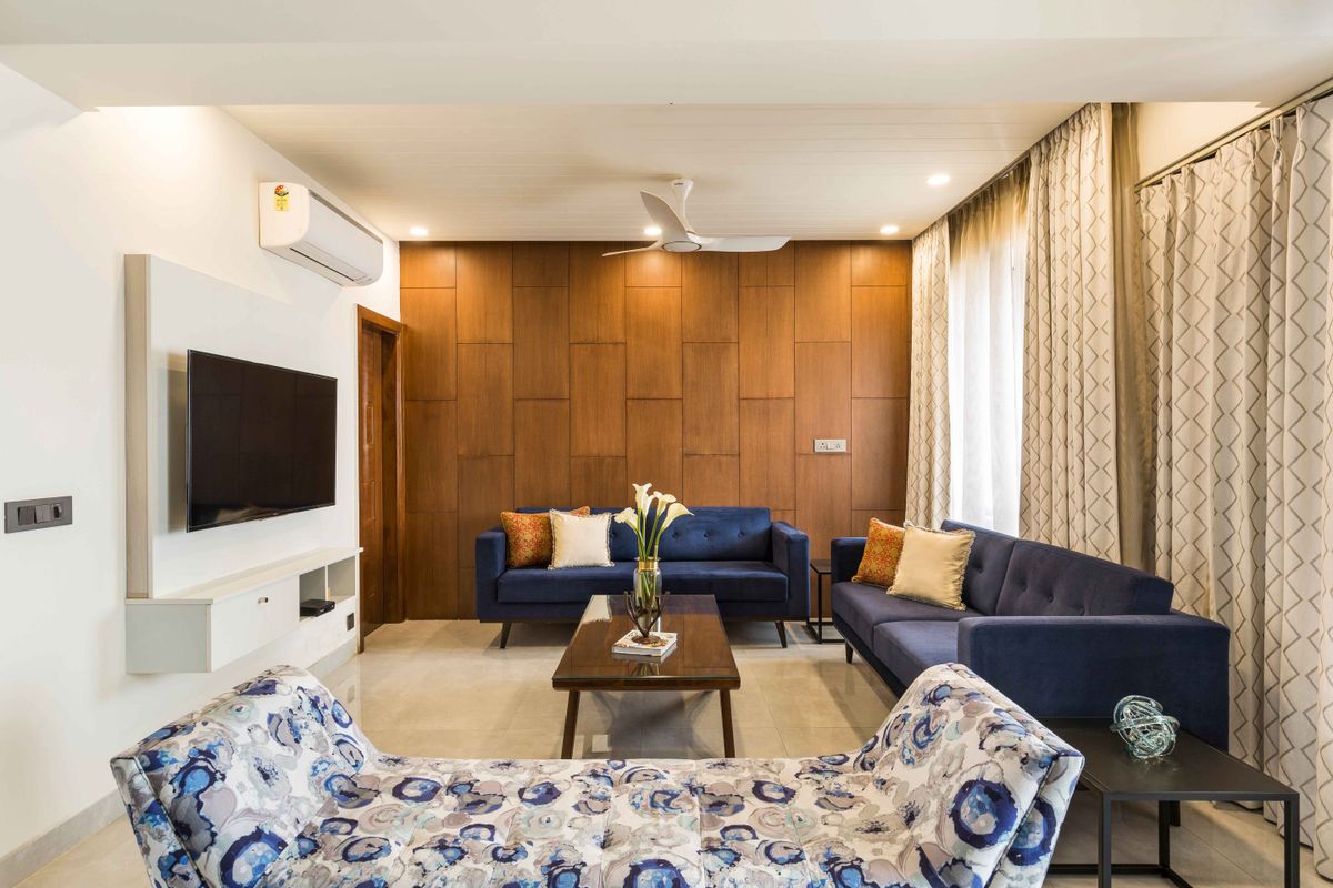 Living Room Design With U-Shaped Navy Blue And White Sofa Set - 12x9 Ft ...