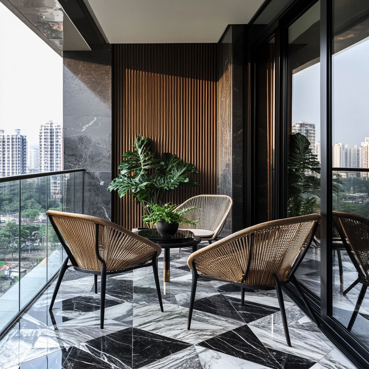 Stylish Modern Balcony Design with Wall Paneling with Marble Tiles ...