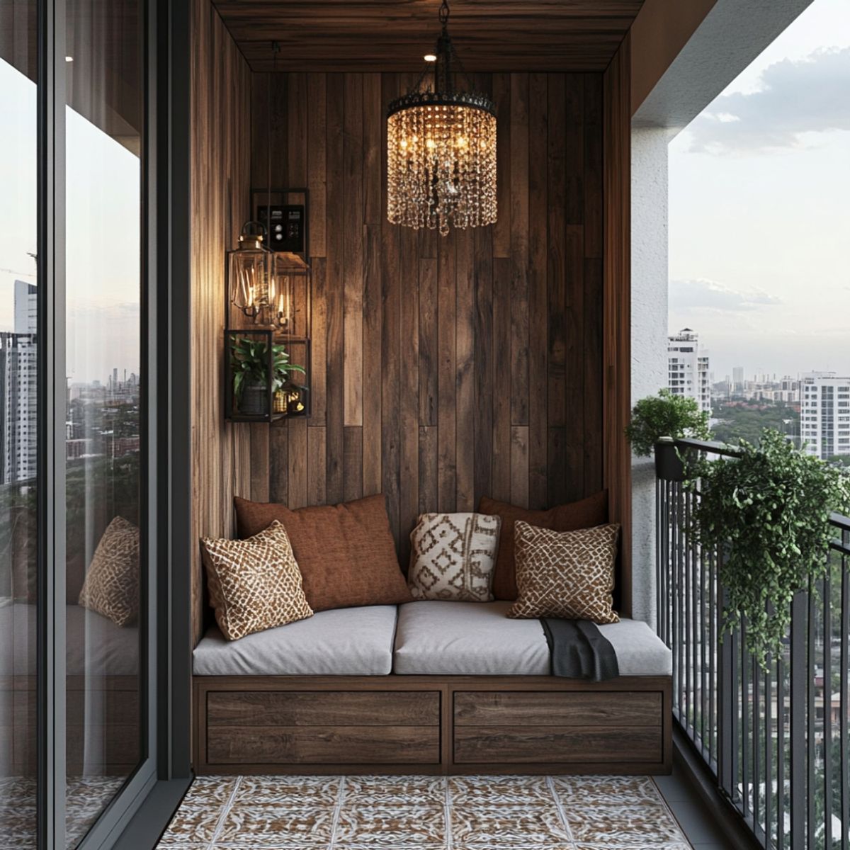 Stylish Industrial Balcony Design Featuring Wooden Panels and Patterned Tiles | Livspace